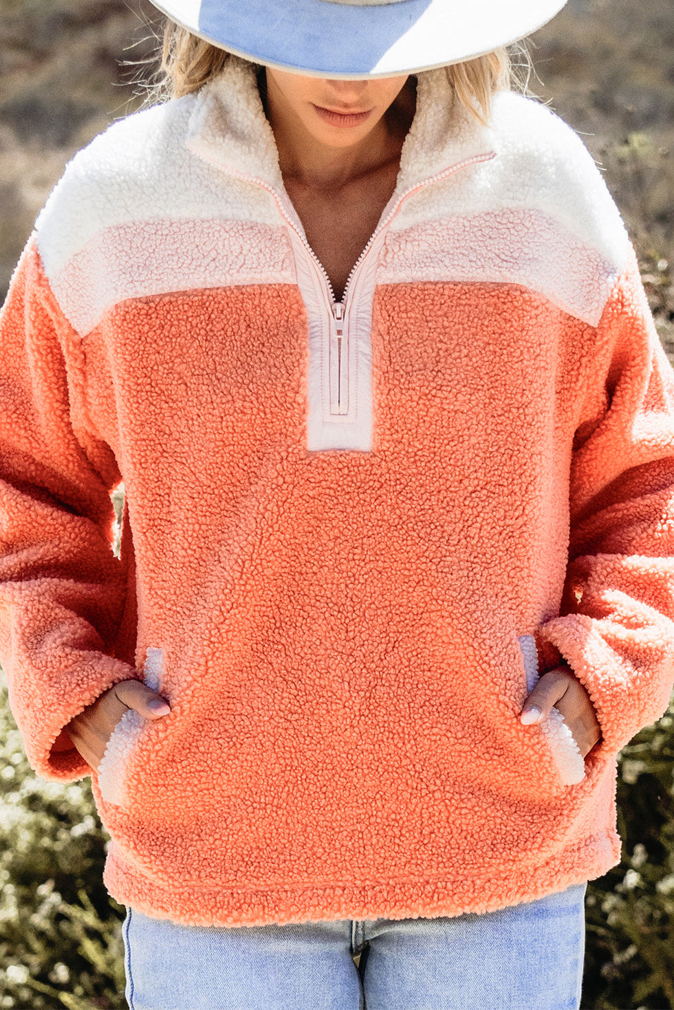 Orange Colorblock Half Zipper Stand Neck Sherpa Sweatshirt - Sunny Angela