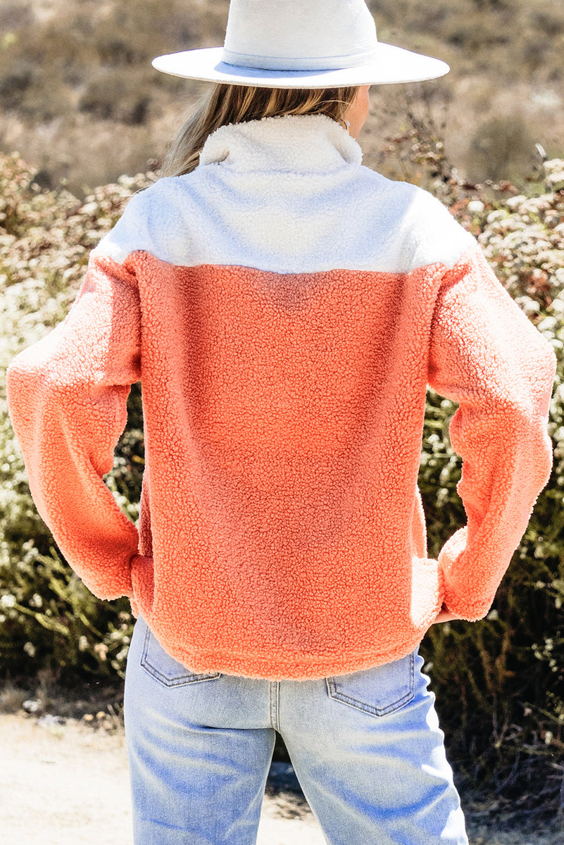 Orange Colorblock Half Zipper Stand Neck Sherpa Sweatshirt - Sunny Angela