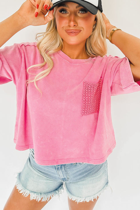 Pink Acid Wash Lace Patch Pocket T-Shirt - Sunny Angela