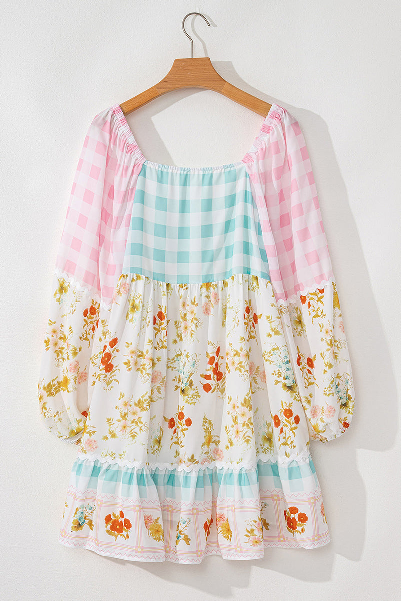 Pink Ric Rac Plaid Floral Print Patchwork Bubble Sleeve Dress - Sunny ...