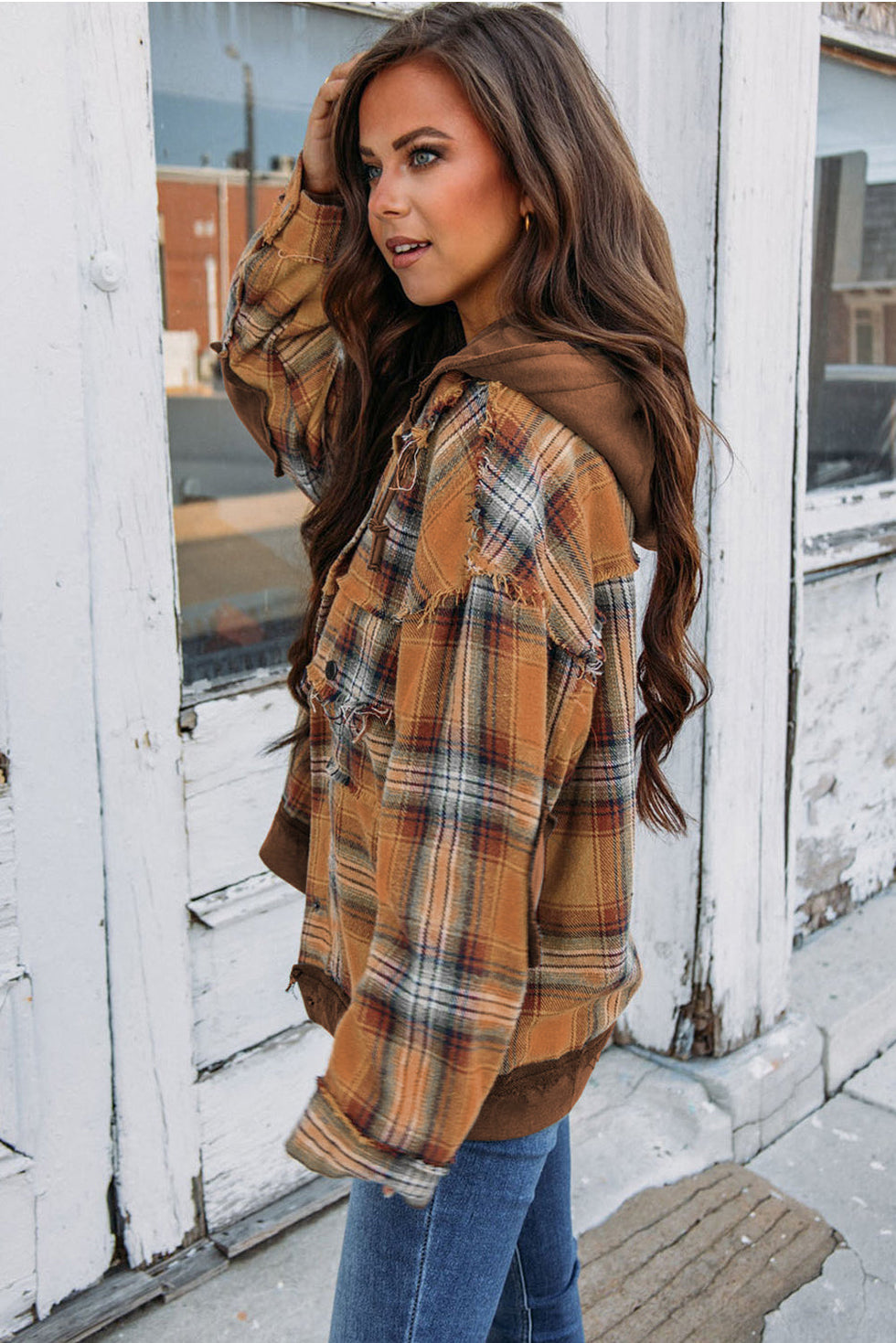 Plaid Patch Hooded Frayed Snap Button Jacket - Sunny Angela