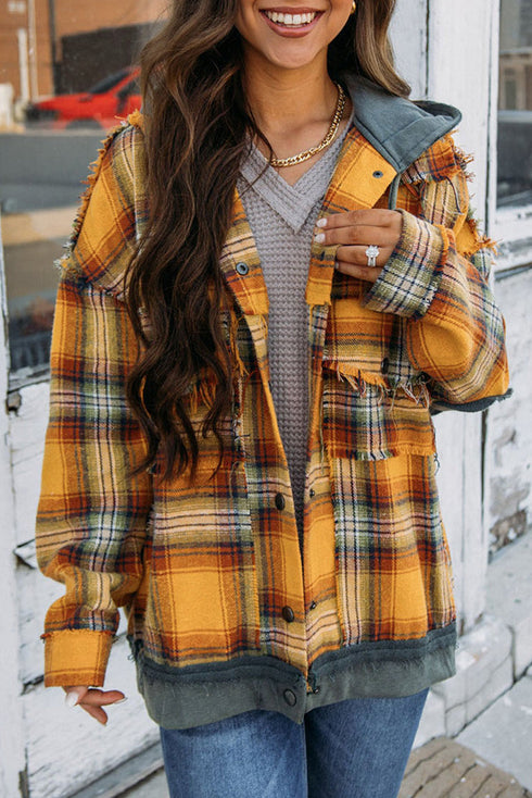 Plaid Patch Hooded Frayed Snap Button Jacket - Sunny Angela