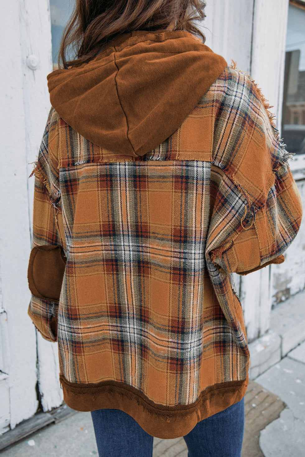 Plaid Patch Hooded Frayed Snap Button Jacket - Sunny Angela
