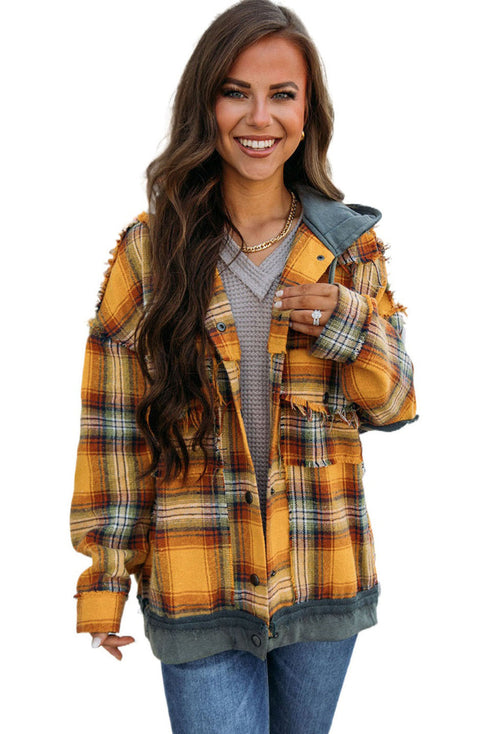 Plaid Patch Hooded Frayed Snap Button Jacket - Sunny Angela