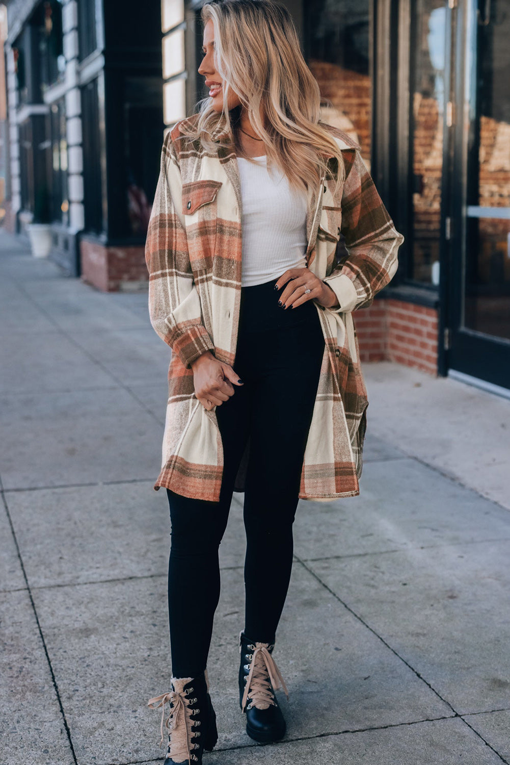 Plaid Print Flap Pockets Long Shacket - Sunny Angela