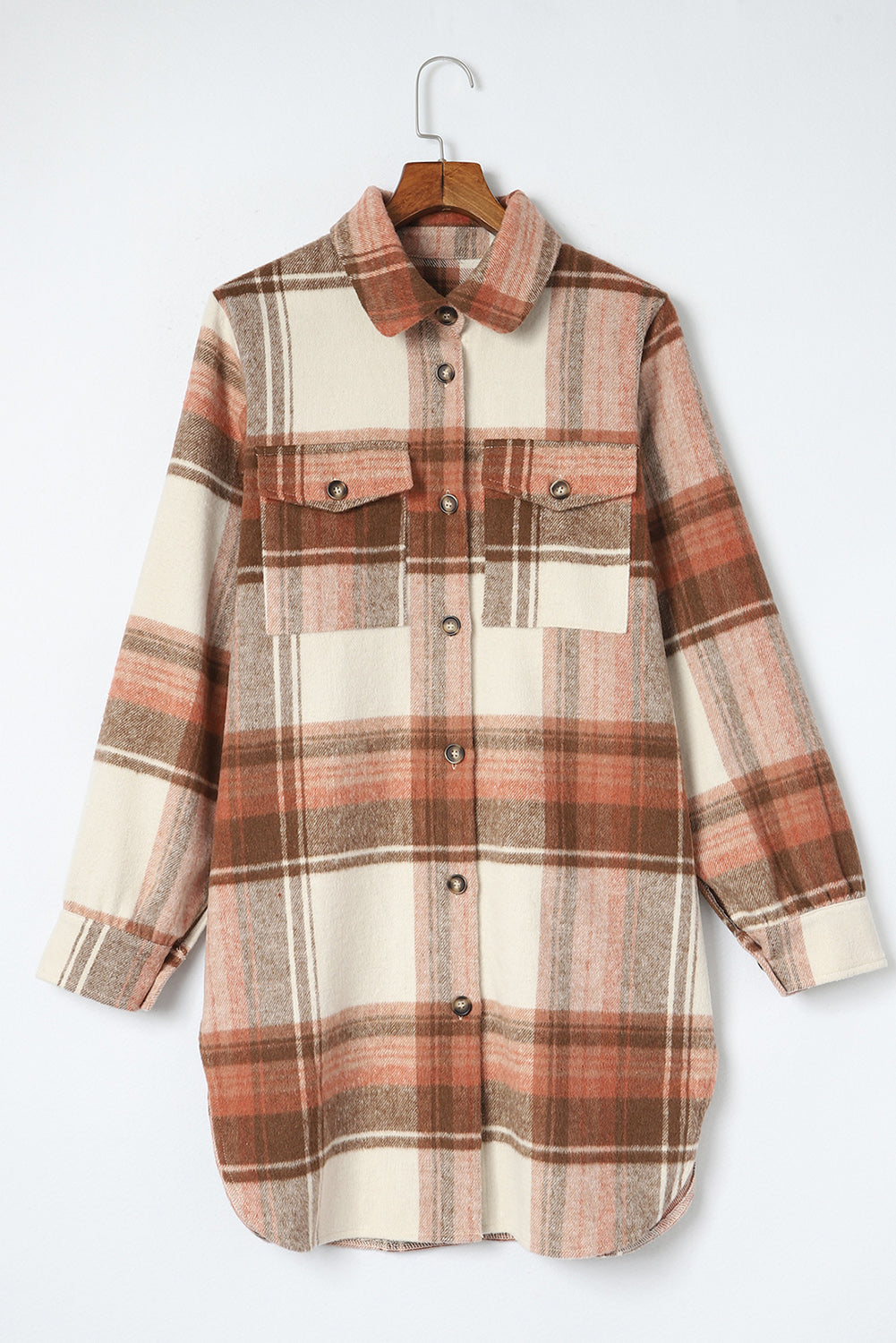 Plaid Print Flap Pockets Long Shacket - Sunny Angela