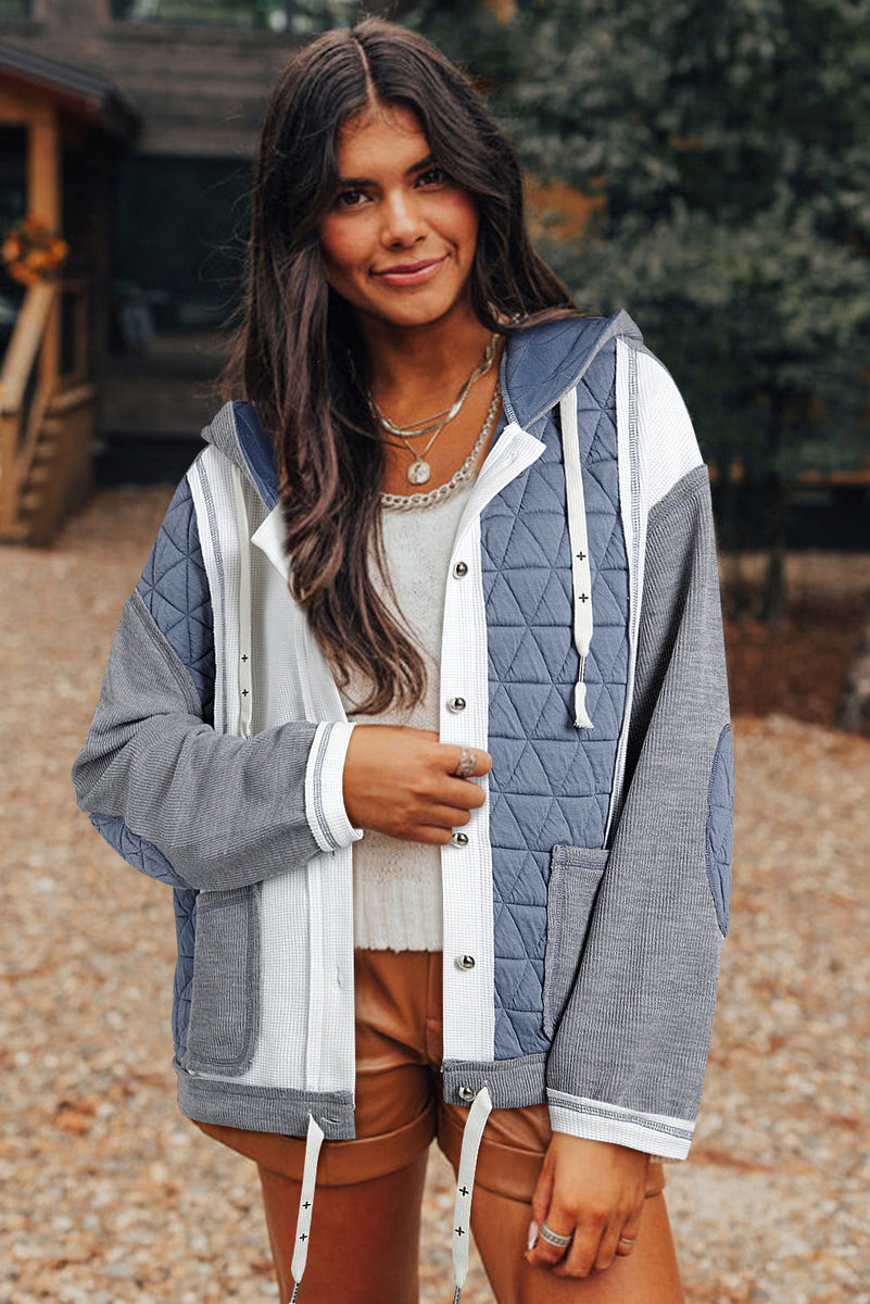 Ribbed Waffle Knit Patchwork Quilted Hooded Jacket - Sunny Angela