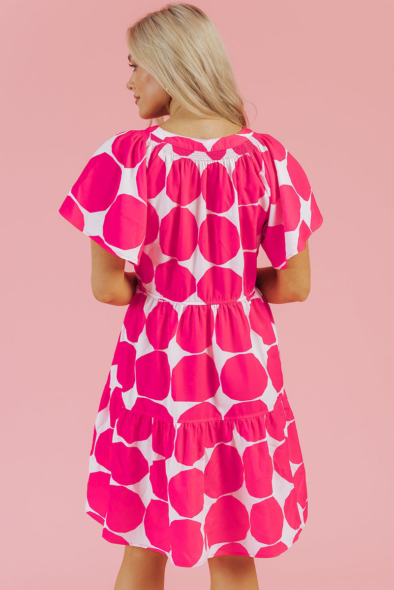 Rose Polka Dot Flutter Sleeve Notched Neck Tiered Flowy Dress - Sunny ...