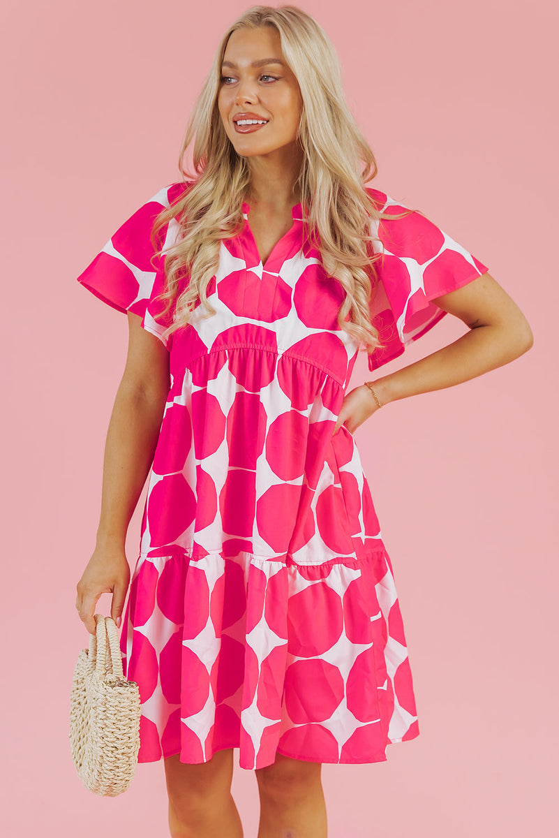 Rose Polka Dot Flutter Sleeve Notched Neck Tiered Flowy Dress - Sunny ...