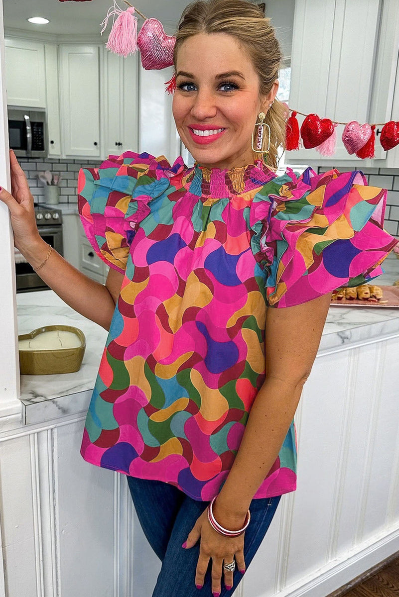 Rose Red Dramatic Ruffle Sleeve Smock Neck Wavy Print Top - Sunny Angela