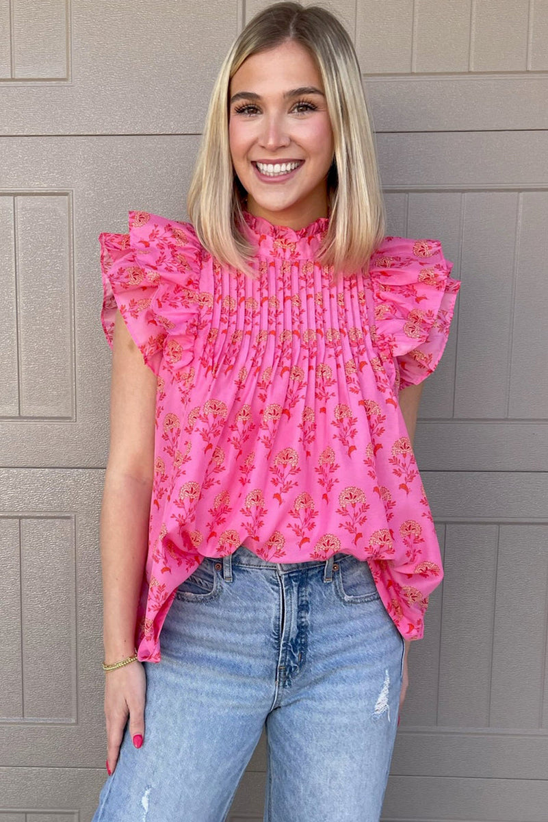 Rose Red Floral Print Pleated Ruffled Flutter Sleeve Blouse - Sunny Angela