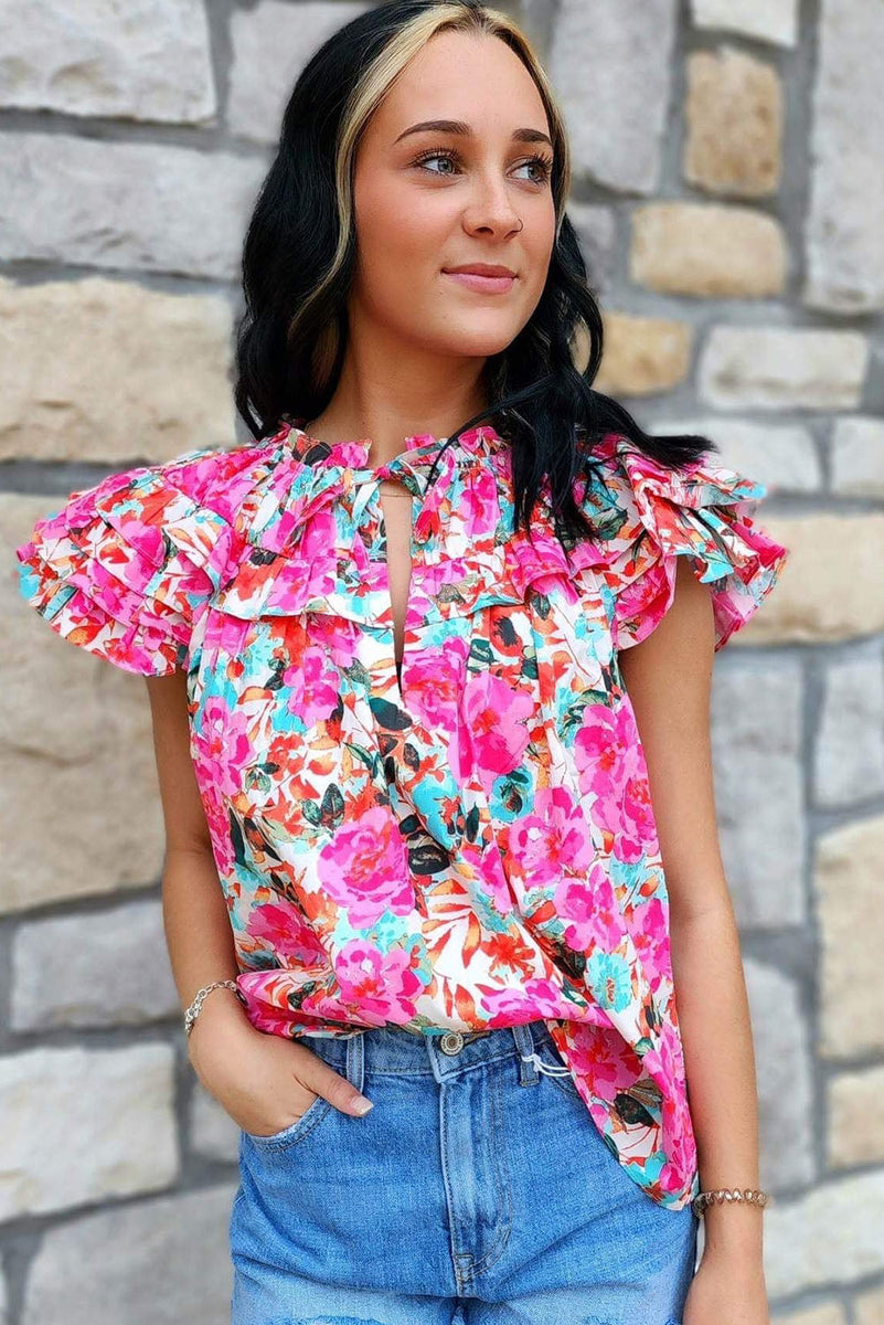 Ruffle Flutter Sleeve Floral Print Blouse - Sunny Angela
