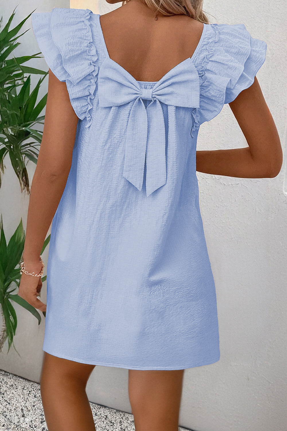 Ruffled Flutter Sleeve Statement Bow Back Square Neck Mini Dress ...