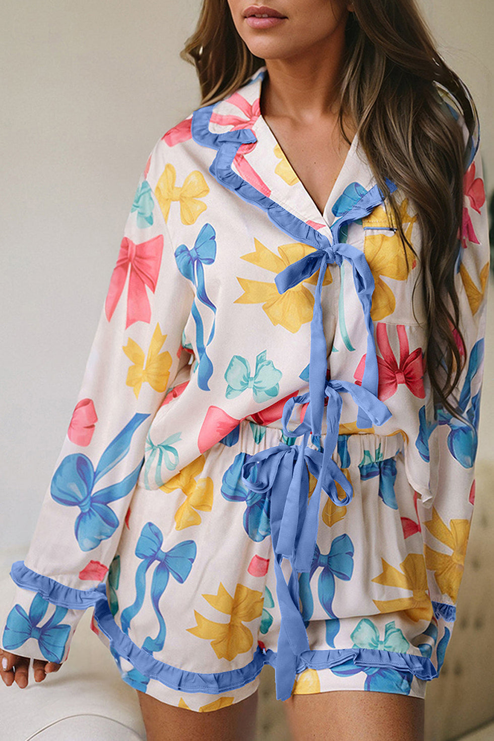 Sky Blue Bow Print Tied Ruffled Pajama Set - Sunny Angela