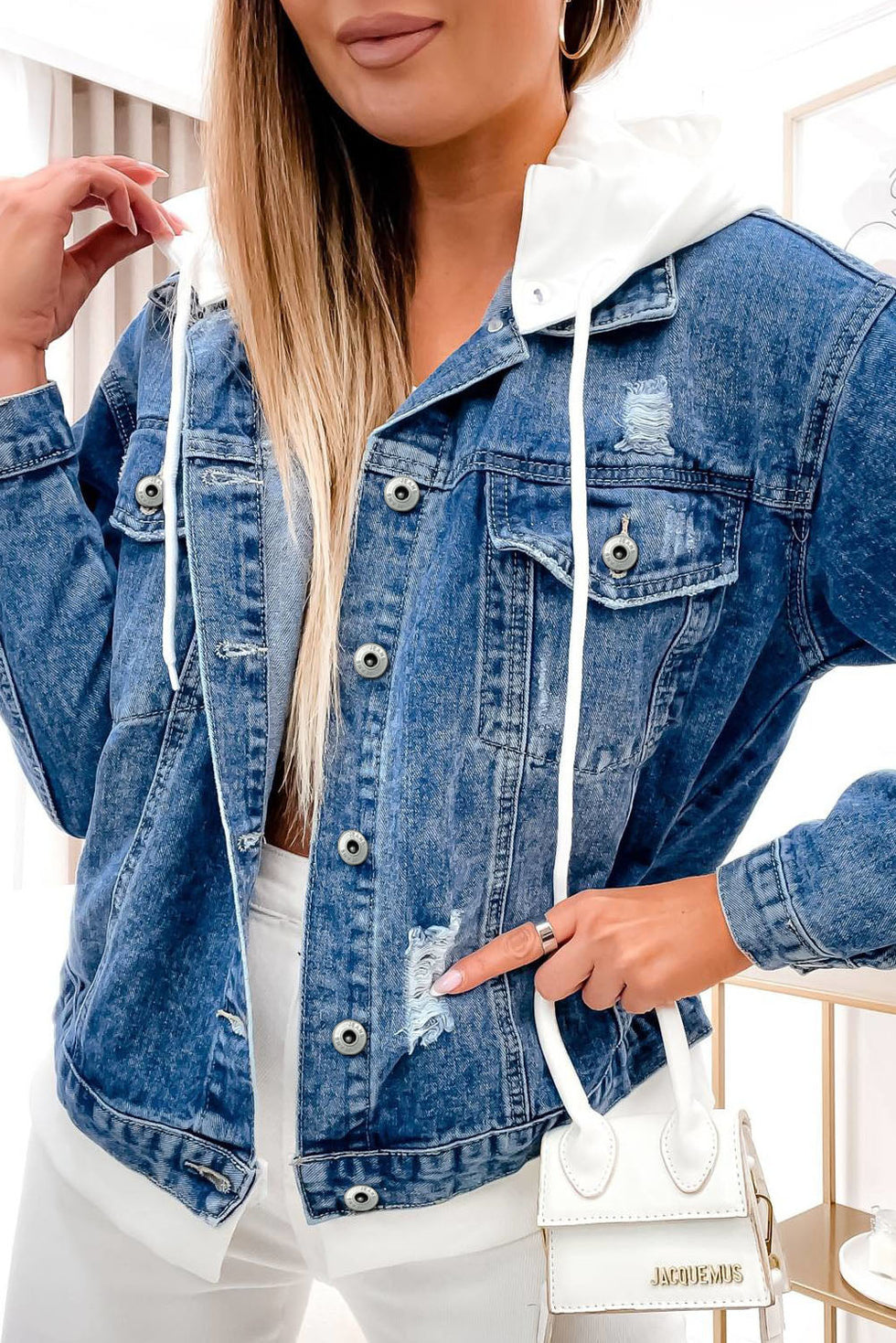 Sky Blue Distressed Contrast Hooded Denim Jacket with Pockets - Sunny ...
