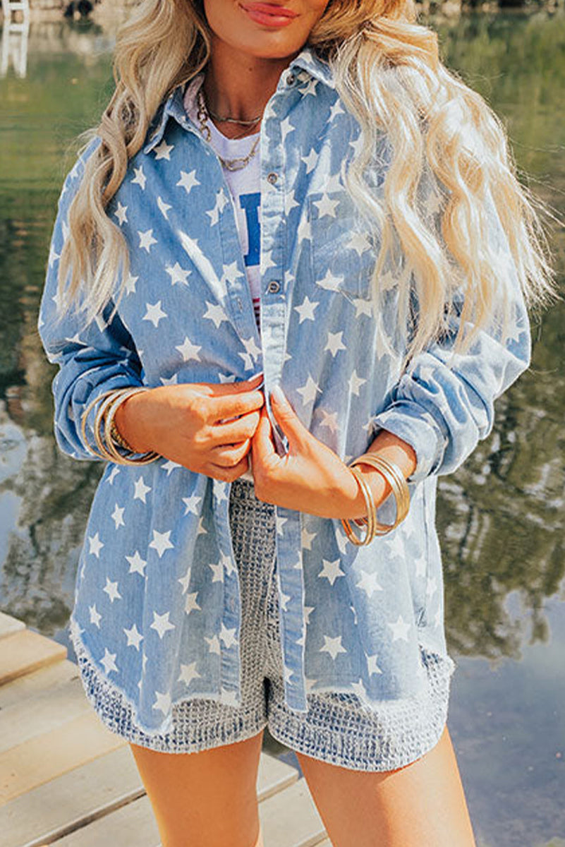 Sky Blue Star Print Light Wash Raw Hem Denim Jacket - Sunny Angela