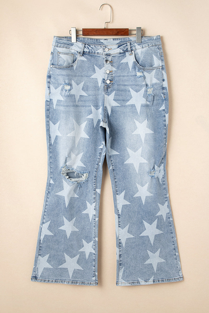 Sky Blue Star Printed Multi Buttons Slit Knee Destroyed Plus Size Jeans ...