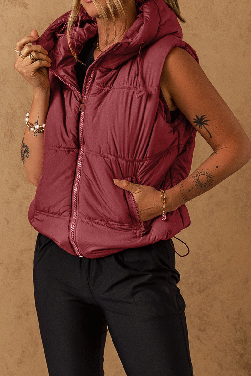 Solid Quilted Zip Front Hooded Puffer Vest - Sunny Angela