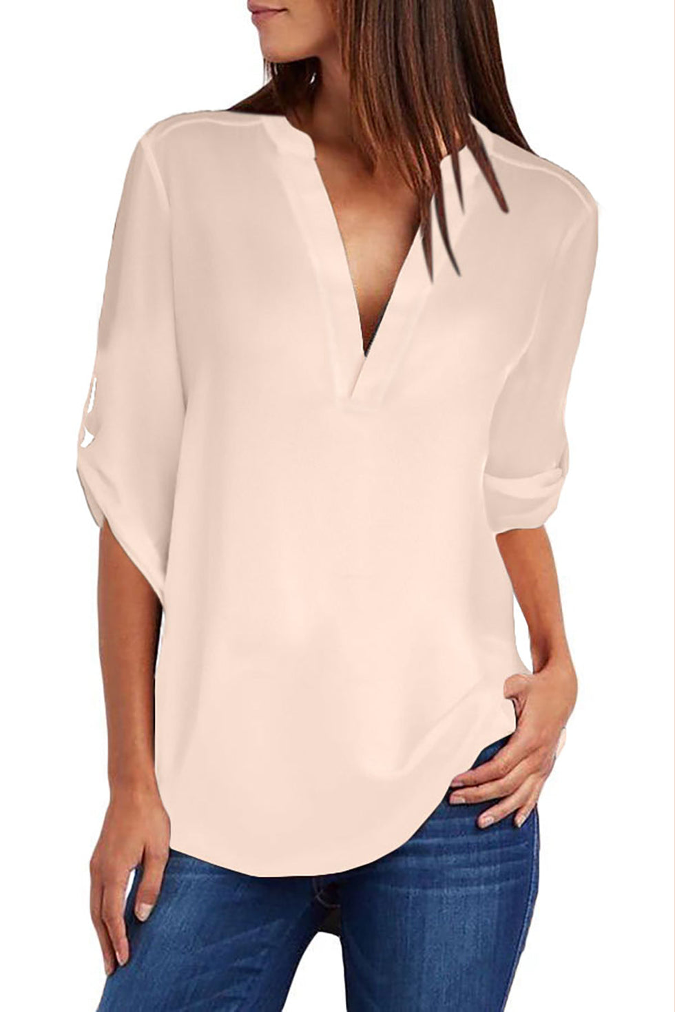 Split Collar Roll Up Sleeve Blouse - Sunny Angela