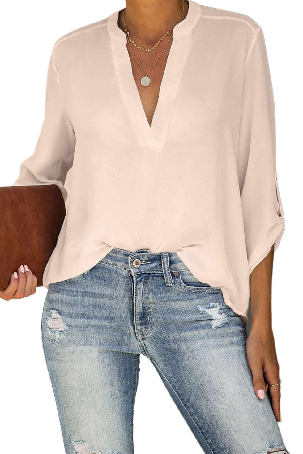 Split Collar Roll Up Sleeve Blouse - Sunny Angela
