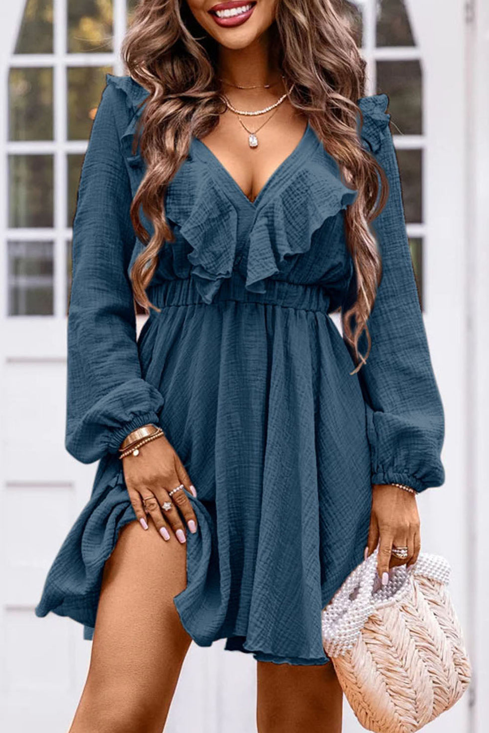 Textured Ruffled V Neck High Waist Mini Dress - Sunny Angela