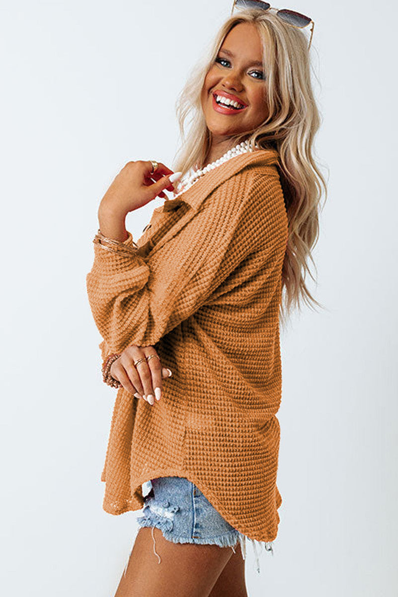 Textured Waffle Knit Button Down Shirt - Sunny Angela