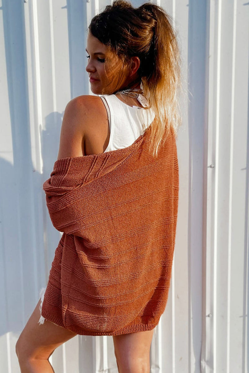 Tomato Red Open Front Textured Knit Cardigan with Pockets - Sunny Angela