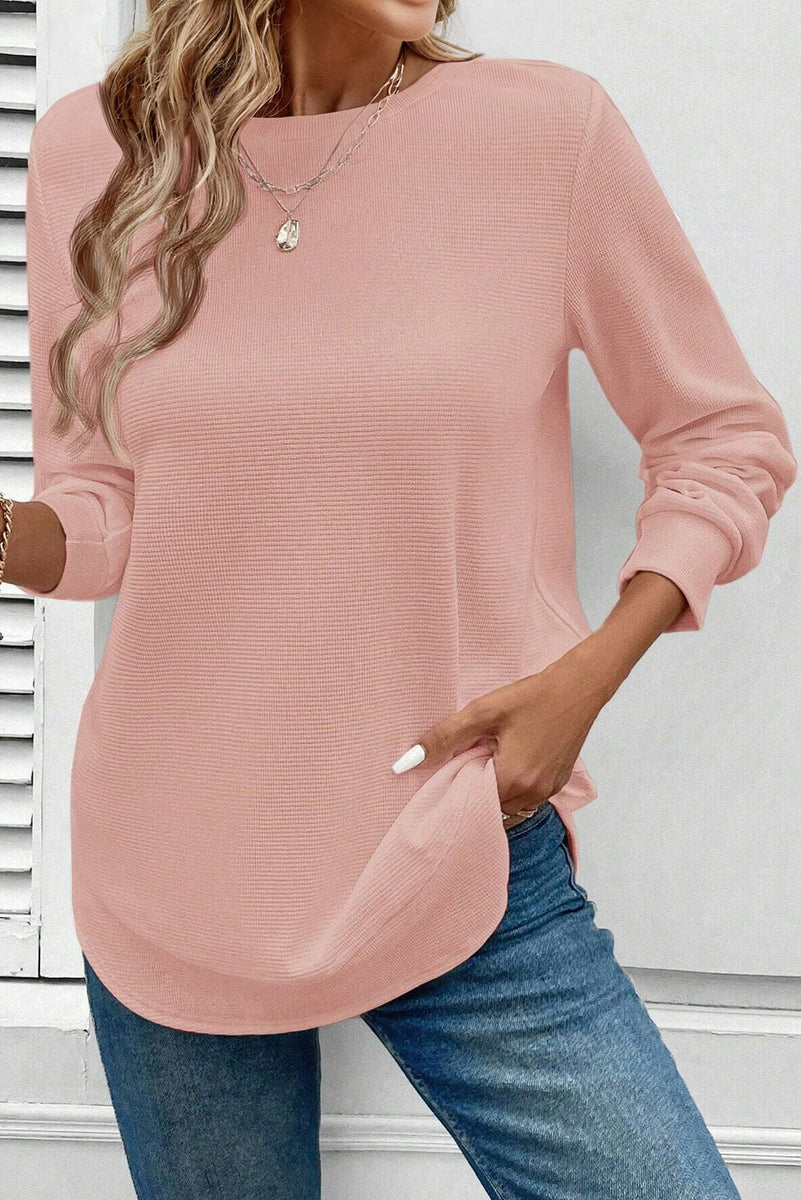 Waffle Knit Long Sleeve Textured Rounded Hem Casual Top - Sunny Angela