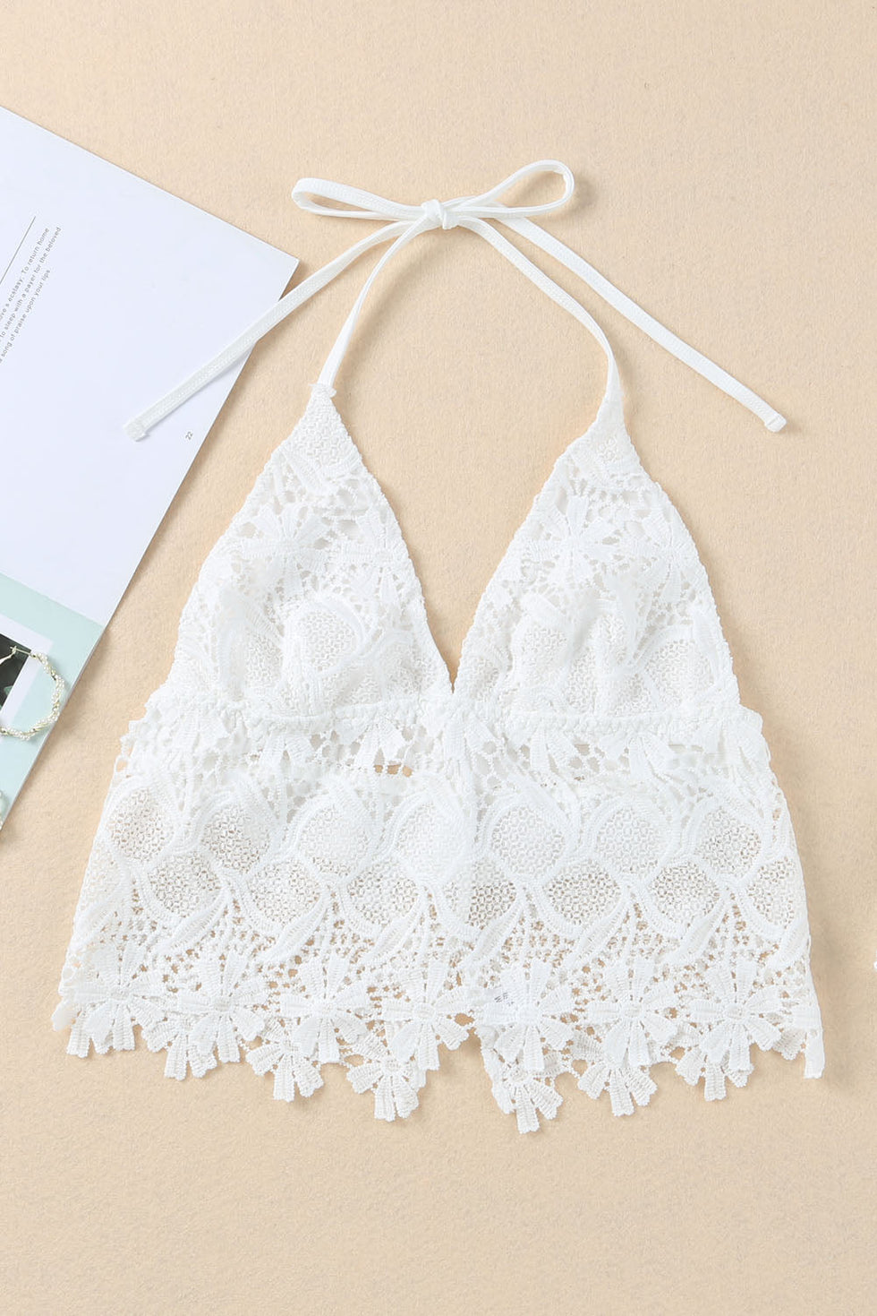 White Floral Lace Crochet Halter Backless Bralette - Sunny Angela