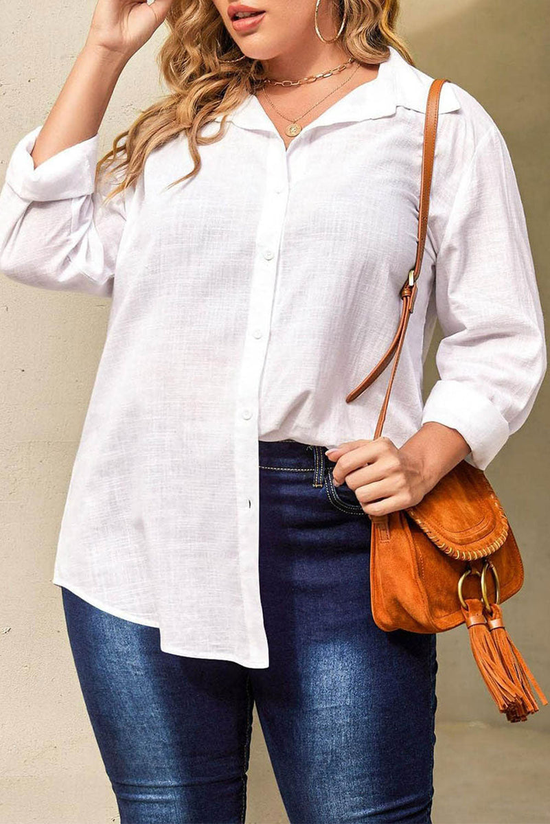 White Plus Size Linen Textured Button Up Shirt - Sunny Angela
