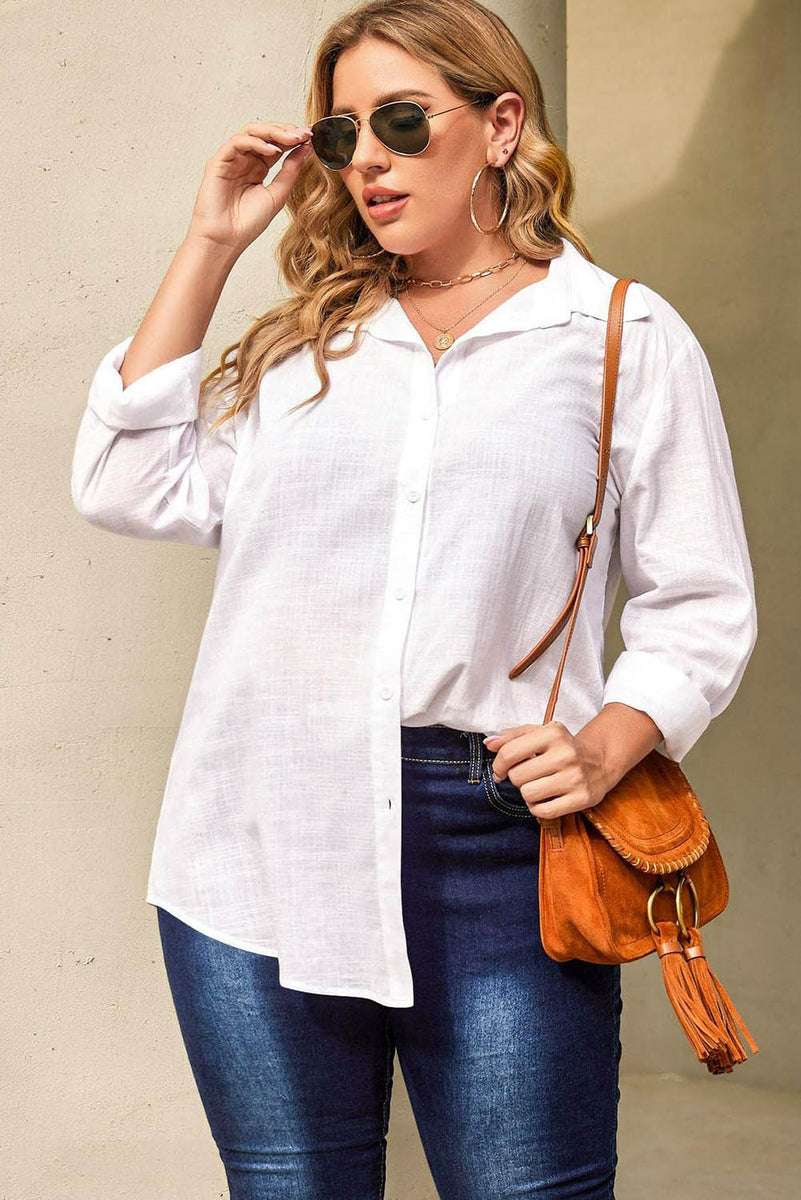 White Plus Size Linen Textured Button Up Shirt - Sunny Angela