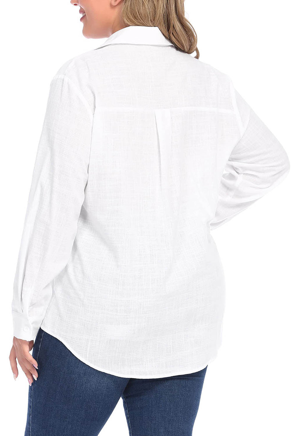 White Plus Size Linen Textured Button Up Shirt - Sunny Angela