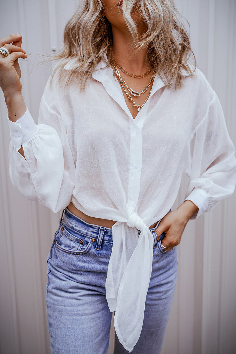 White Solid Knotted Front Loose Fit Sheer Shirt - Sunny Angela