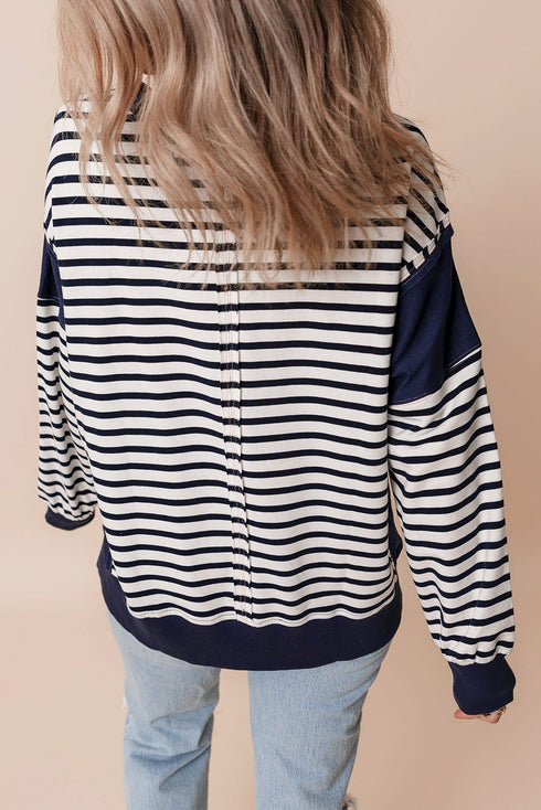 White Stripe Color Block Exposed Seam Loose Fit Sweatshirt - Sunny Angela