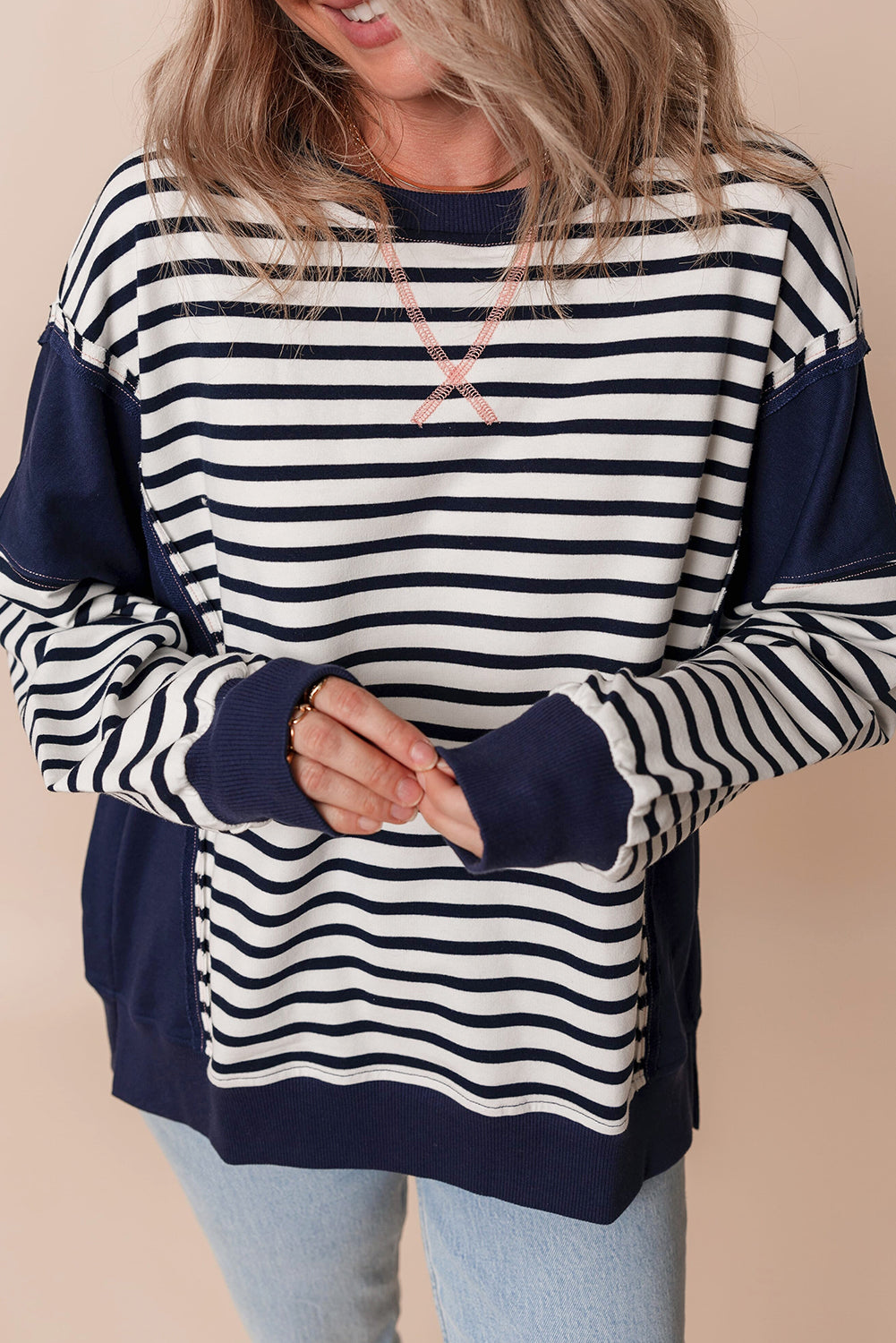 White Stripe Color Block Exposed Seam Loose Fit Sweatshirt - Sunny Angela